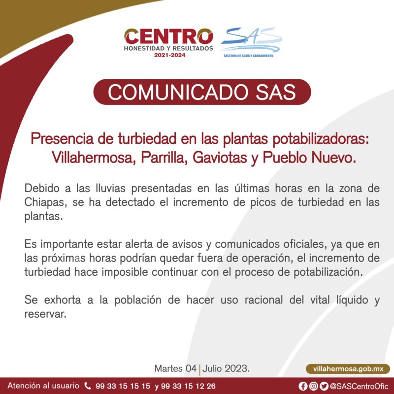 SAS informa presencia de turbiedad en 4 plantas potabilizadoras de Centro - xeva Noticias